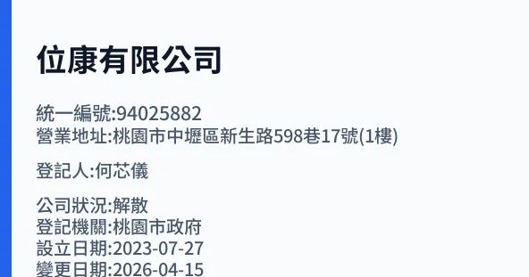 位康有限公司的照片-統編 94025882(桃園市) 公司登記資料與營業項目詳細圖表