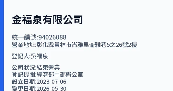 金福泉有限公司的照片-統編 94026088(彰化縣) 公司登記資料與營業項目詳細圖表
