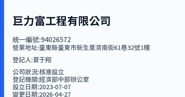 巨力富工程有限公司的照片-統編 94026572(臺東縣) 公司登記資料與營業項目詳細圖表