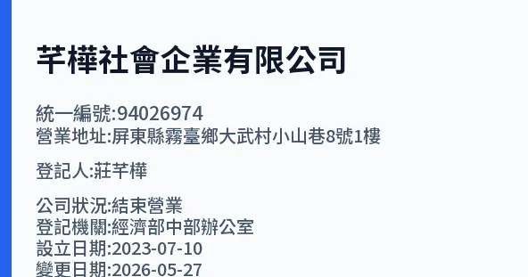 芊樺社會企業有限公司的照片-統編 94026974(屏東縣) 公司登記資料與營業項目詳細圖表