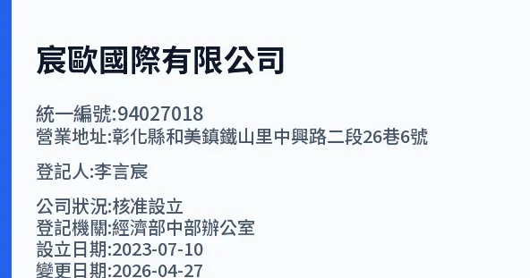 宸歐國際有限公司的照片-統編 94027018(彰化縣) 公司登記資料與營業項目詳細圖表