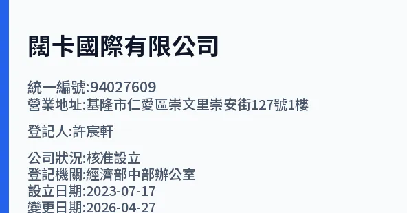 闊卡國際有限公司的照片-統編 94027609(基隆市) 公司登記資料與營業項目詳細圖表