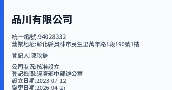 品川有限公司的照片-統編 94028332(彰化縣) 公司登記資料與營業項目詳細圖表