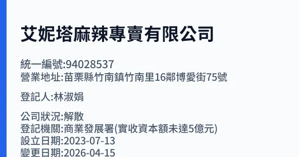 艾妮塔麻辣專賣有限公司的照片-統編 94028537(苗栗縣) 公司登記資料與營業項目詳細圖表
