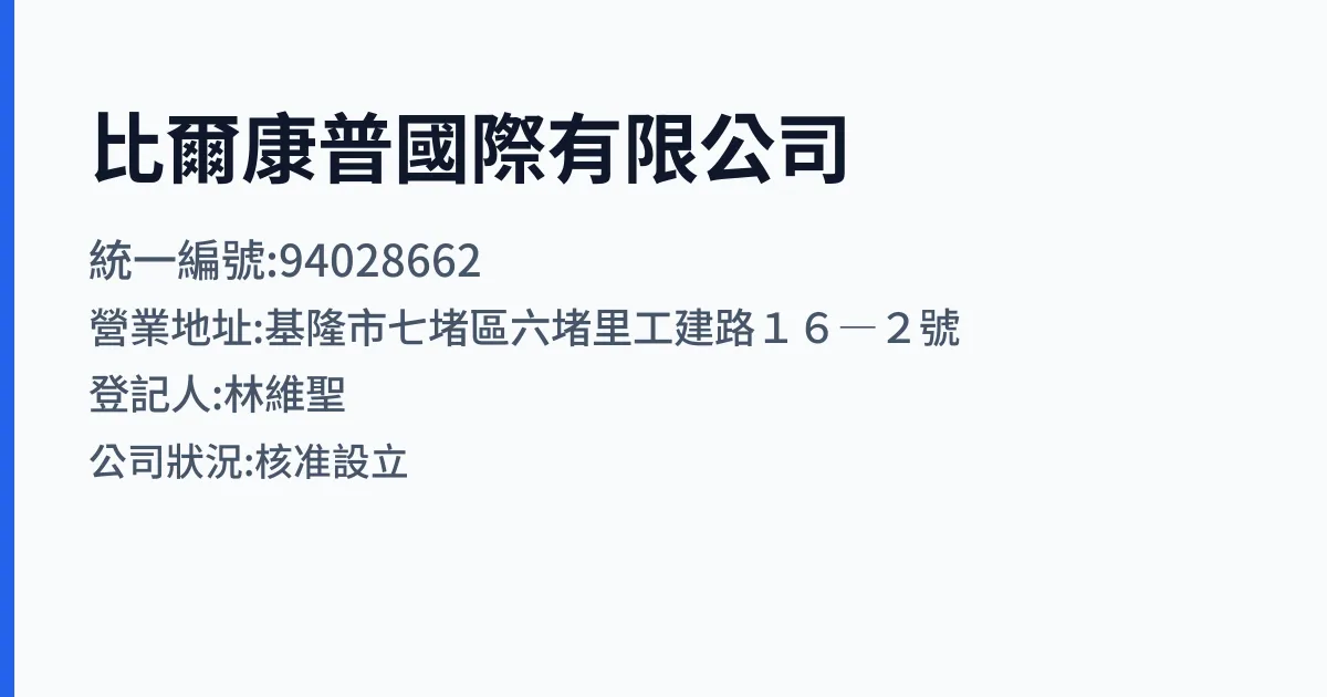 比爾康普國際有限公司 - 統編 94028662(基隆市) 公司登記資料與營業項目詳細圖表
