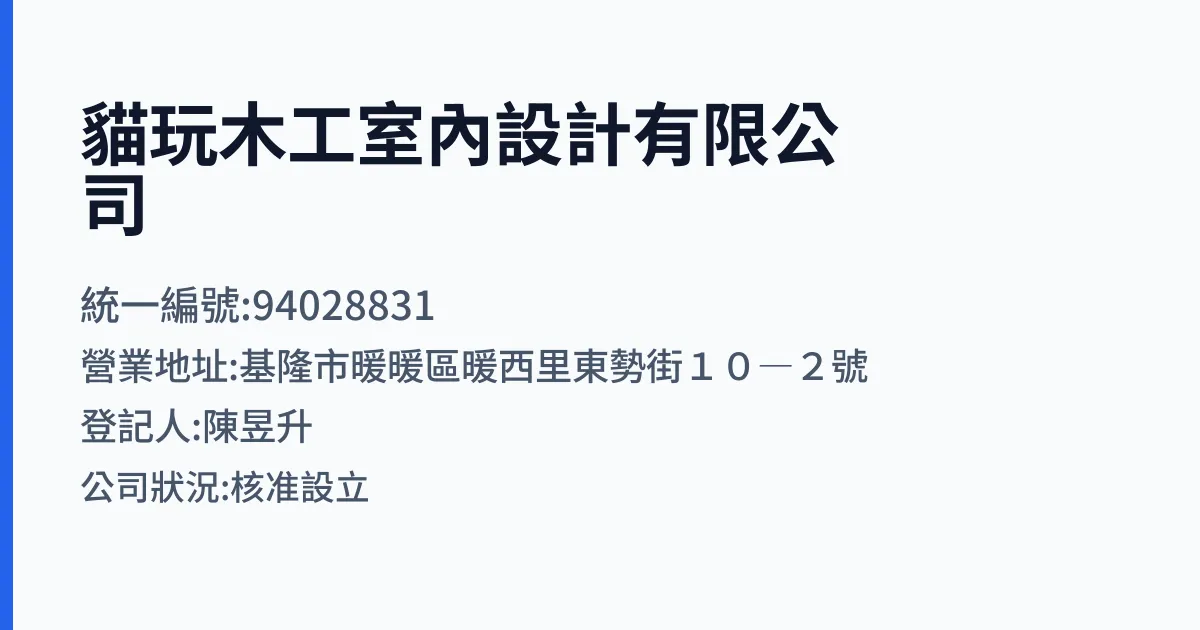 貓玩木工室內設計有限公司 - 統編 94028831(基隆市) 公司登記資料與營業項目詳細圖表