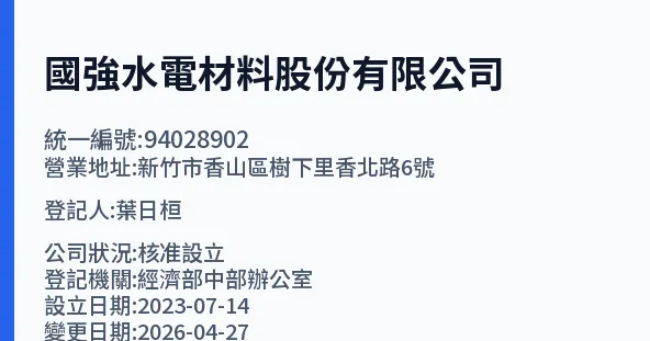 國強水電材料股份有限公司的照片-統編 94028902(新竹市) 公司登記資料與營業項目詳細圖表