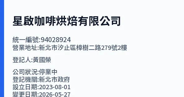 星啟咖啡烘焙有限公司的照片-統編 94028924(新北市) 公司登記資料與營業項目詳細圖表