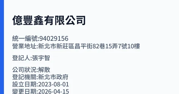 億豐鑫有限公司的照片-統編 94029156(新北市) 公司登記資料與營業項目詳細圖表