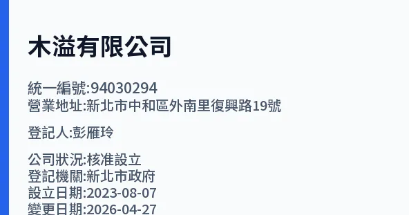木溢有限公司的照片-統編 94030294(新北市) 公司登記資料與營業項目詳細圖表