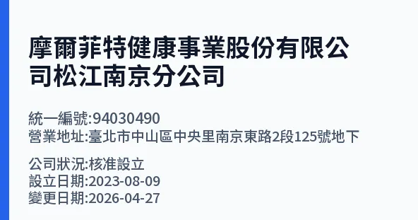 摩爾菲特健康事業股份有限公司松江南京分公司的照片-統編 94030490(臺北市) 公司登記資料與營業項目詳細圖表