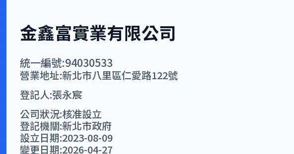 金鑫富實業有限公司的照片-統編 94030533(新北市) 公司登記資料與營業項目詳細圖表