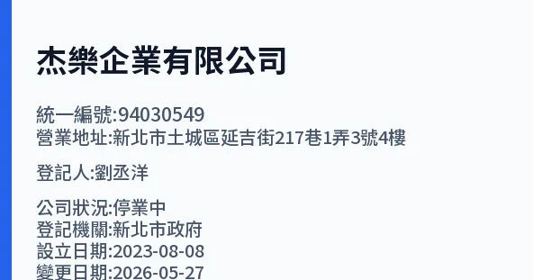 杰樂企業有限公司的照片-統編 94030549(新北市) 公司登記資料與營業項目詳細圖表