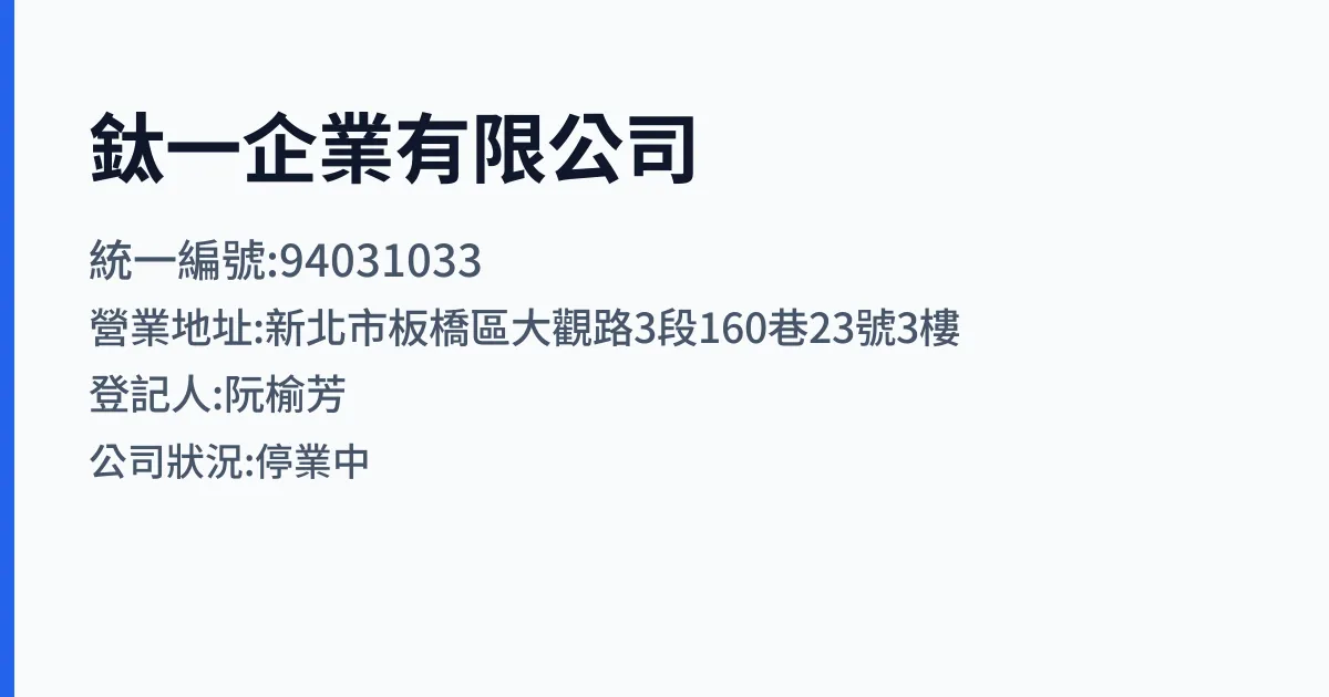 鈦一企業有限公司 - 統編 94031033(新北市) 公司登記資料與營業項目詳細圖表