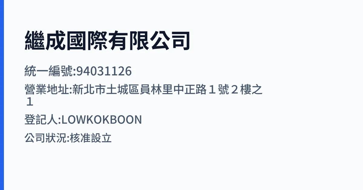 繼成國際有限公司 - 統編 94031126(新北市) 公司登記資料與營業項目詳細圖表