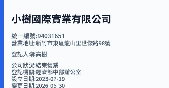 小樹國際實業有限公司的照片-統編 94031651(新竹市) 公司登記資料與營業項目詳細圖表