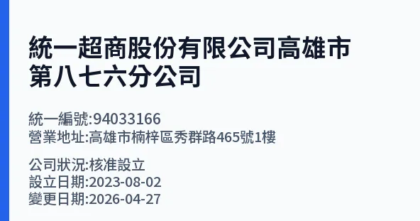 統一超商股份有限公司高雄市第八七六分公司的照片-統編 94033166(高雄市) 公司登記資料與營業項目詳細圖表