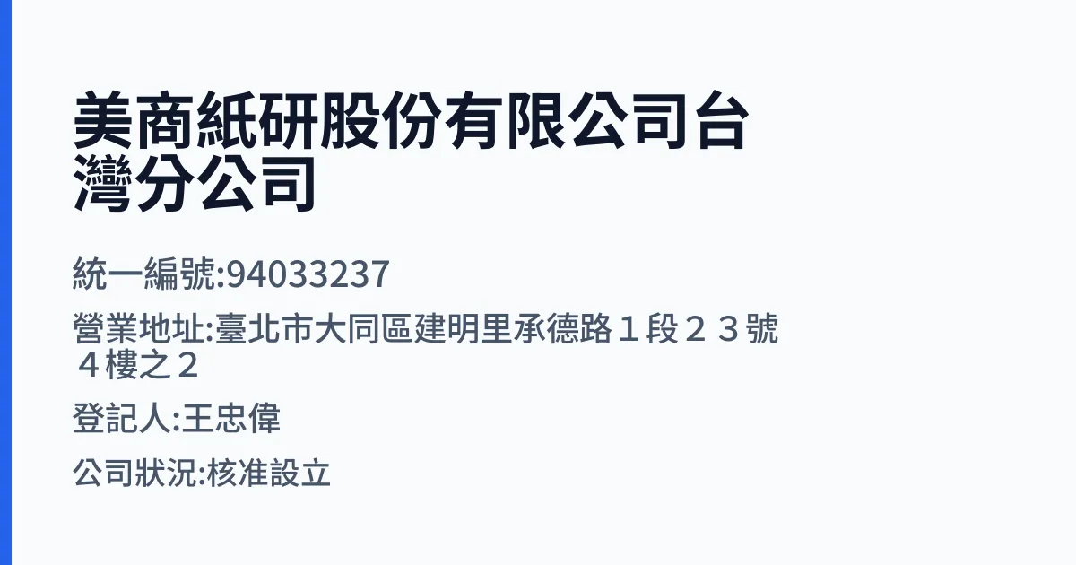 美商紙研股份有限公司台灣分公司 - 統編 94033237(臺北市) 公司登記資料與營業項目詳細圖表