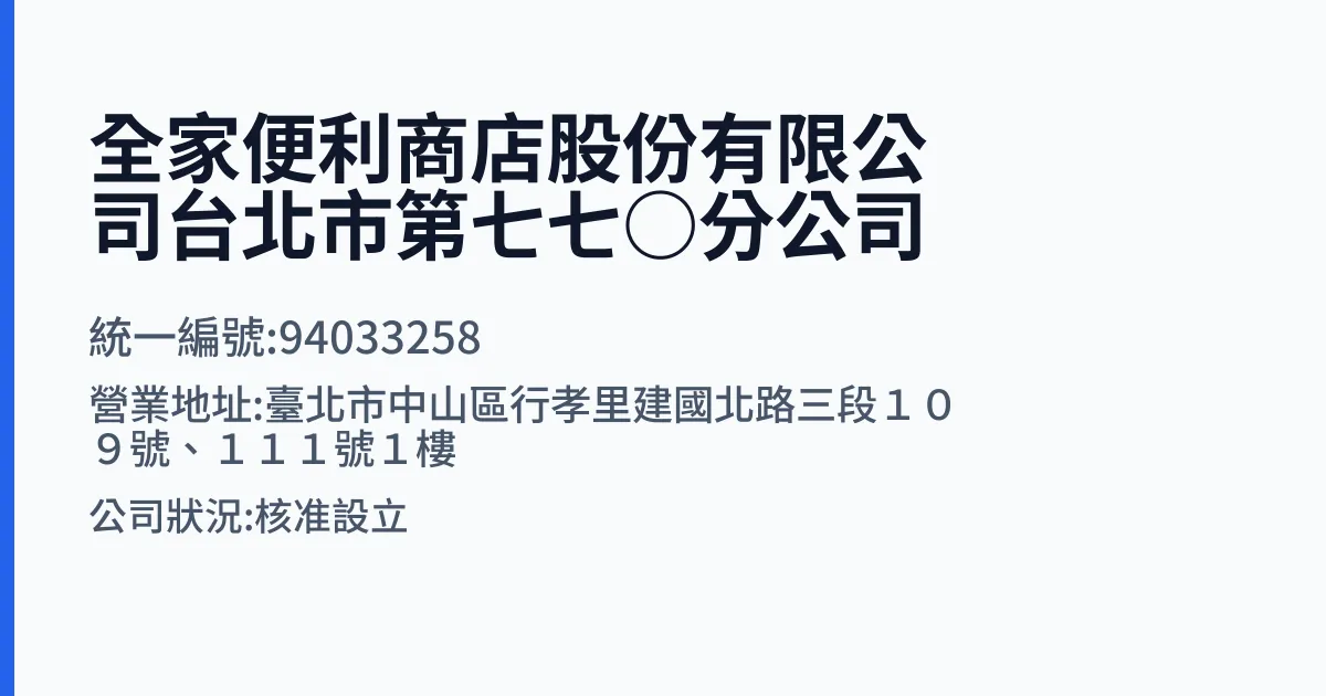 全家便利商店股份有限公司台北市第七七○分公司 - 統編 94033258(臺北市) 公司登記資料與營業項目詳細圖表