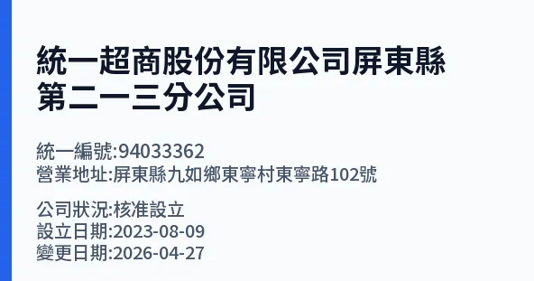 統一超商股份有限公司屏東縣第二一三分公司的照片-統編 94033362(屏東縣) 公司登記資料與營業項目詳細圖表
