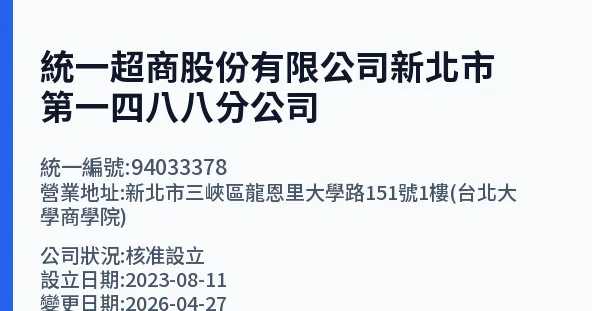 統一超商股份有限公司新北市第一四八八分公司的照片-統編 94033378(新北市) 公司登記資料與營業項目詳細圖表