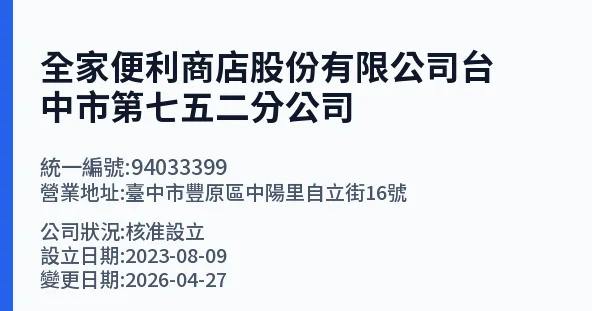 全家便利商店股份有限公司台中市第七五二分公司的照片-統編 94033399(臺中市) 公司登記資料與營業項目詳細圖表