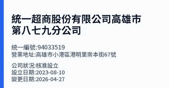 統一超商股份有限公司高雄市第八七九分公司的照片-統編 94033519(高雄市) 公司登記資料與營業項目詳細圖表