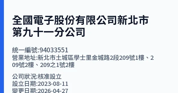 全國電子股份有限公司新北市第九十一分公司的照片-統編 94033551(新北市) 公司登記資料與營業項目詳細圖表