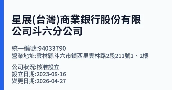 星展(台灣)商業銀行股份有限公司斗六分公司的照片-統編 94033790(雲林縣) 公司登記資料與營業項目詳細圖表