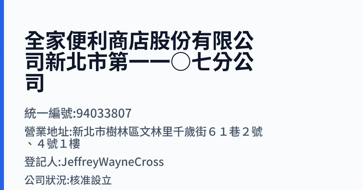 全家便利商店股份有限公司新北市第一一○七分公司 - 統編 94033807(新北市) 公司登記資料與營業項目詳細圖表