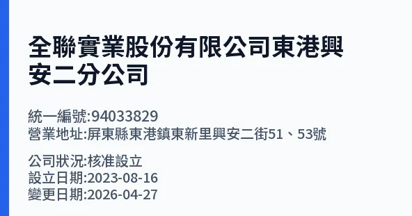 全聯實業股份有限公司東港興安二分公司的照片-統編 94033829(屏東縣) 公司登記資料與營業項目詳細圖表