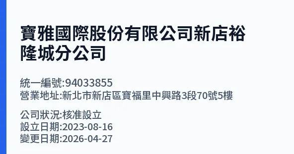 寶雅國際股份有限公司新店裕隆城分公司的照片-統編 94033855(新北市) 公司登記資料與營業項目詳細圖表