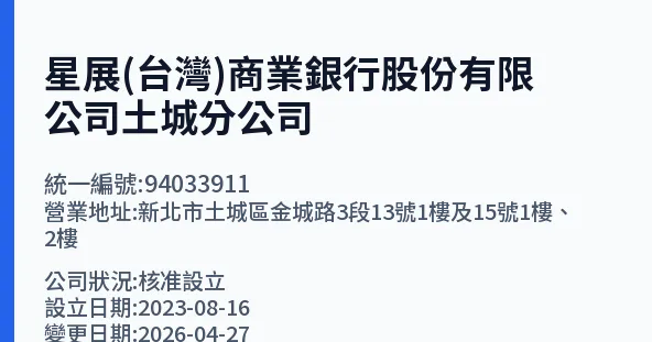 星展(台灣)商業銀行股份有限公司土城分公司的照片-統編 94033911(新北市) 公司登記資料與營業項目詳細圖表