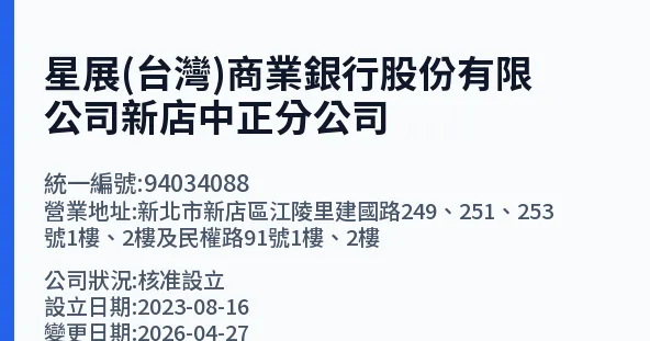 星展(台灣)商業銀行股份有限公司新店中正分公司的照片-統編 94034088(新北市) 公司登記資料與營業項目詳細圖表