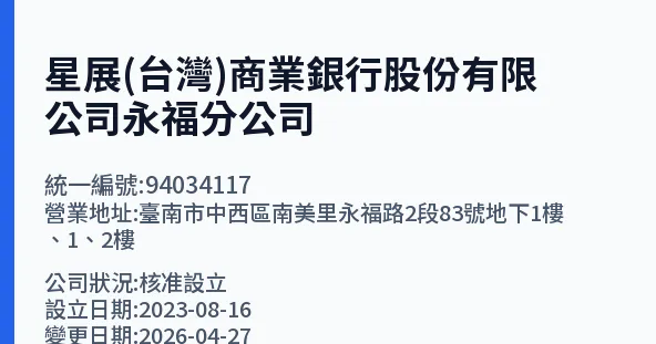 星展(台灣)商業銀行股份有限公司永福分公司的照片-統編 94034117(臺南市) 公司登記資料與營業項目詳細圖表