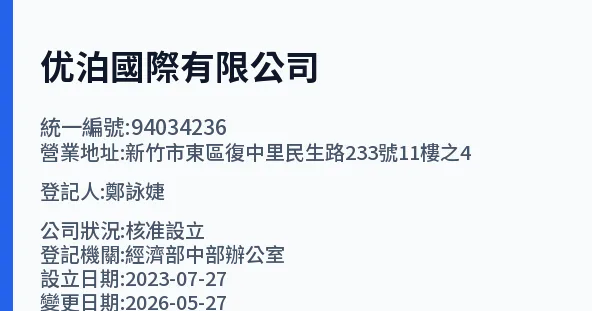 优泊國際有限公司的照片-統編 94034236(新竹市) 公司登記資料與營業項目詳細圖表