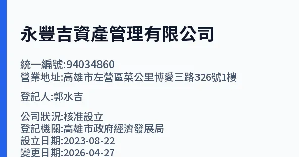 永豐吉資產管理有限公司的照片-統編 94034860(高雄市) 公司登記資料與營業項目詳細圖表