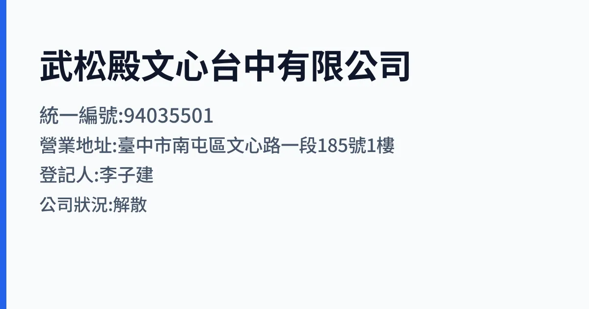 武松殿文心台中有限公司 - 統編 94035501(臺中市) 公司登記資料與營業項目詳細圖表