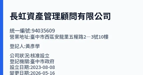 長虹資產管理顧問有限公司的照片-統編 94035609(臺中市) 公司登記資料與營業項目詳細圖表