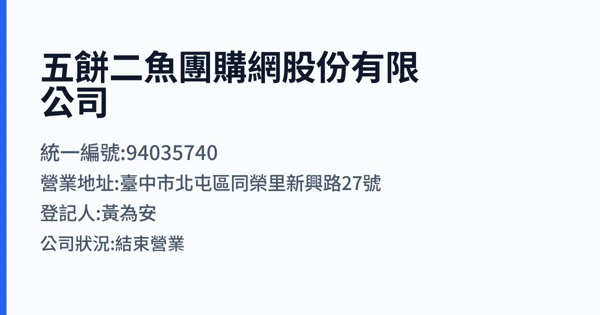 五餅二魚團購網股份有限公司 - 統編 94035740（臺中市） 公司登記資料與營業項目詳細圖表
