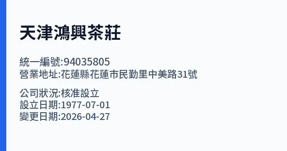 天津鴻興茶莊的照片-統編 94035805(花蓮縣) 公司登記資料與營業項目詳細圖表