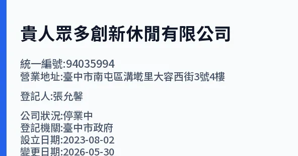 貴人眾多創新休閒有限公司的照片-統編 94035994(臺中市) 公司登記資料與營業項目詳細圖表