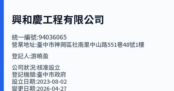 興和慶工程有限公司的照片-統編 94036065(臺中市) 公司登記資料與營業項目詳細圖表
