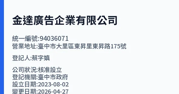 金達廣告企業有限公司的照片-統編 94036071(臺中市) 公司登記資料與營業項目詳細圖表