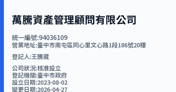 萬騰資產管理顧問有限公司的照片-統編 94036109(臺中市) 公司登記資料與營業項目詳細圖表
