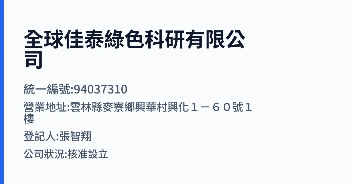全球佳泰綠色科研有限公司 - 統編 94037310(雲林縣) 公司登記資料與營業項目詳細圖表