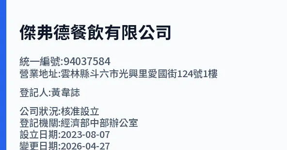 傑弗德餐飲有限公司的照片-統編 94037584(雲林縣) 公司登記資料與營業項目詳細圖表