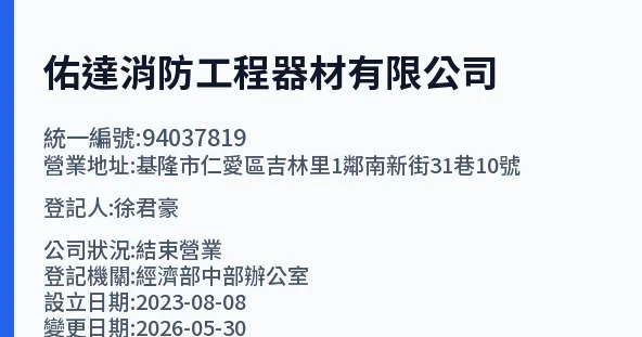 佑達消防工程器材有限公司的照片-統編 94037819(基隆市) 公司登記資料與營業項目詳細圖表