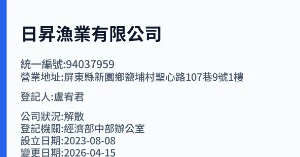 日昇漁業有限公司的照片-統編 94037959(屏東縣) 公司登記資料與營業項目詳細圖表