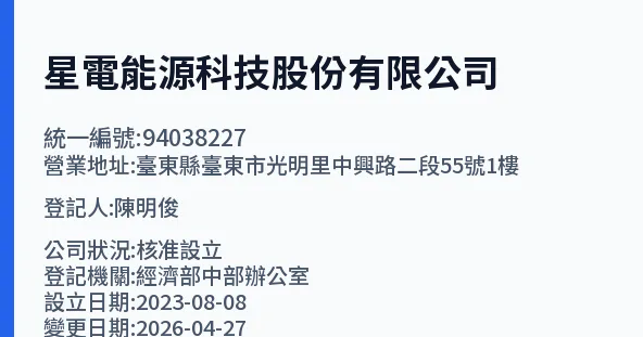 星電能源科技股份有限公司的照片-統編 94038227(臺東縣) 公司登記資料與營業項目詳細圖表